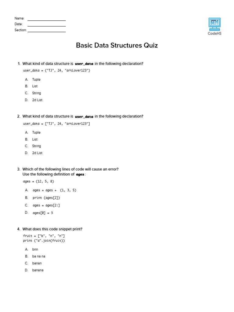 Basic Data Structures Quiz | PDF | Software Engineering | Computing