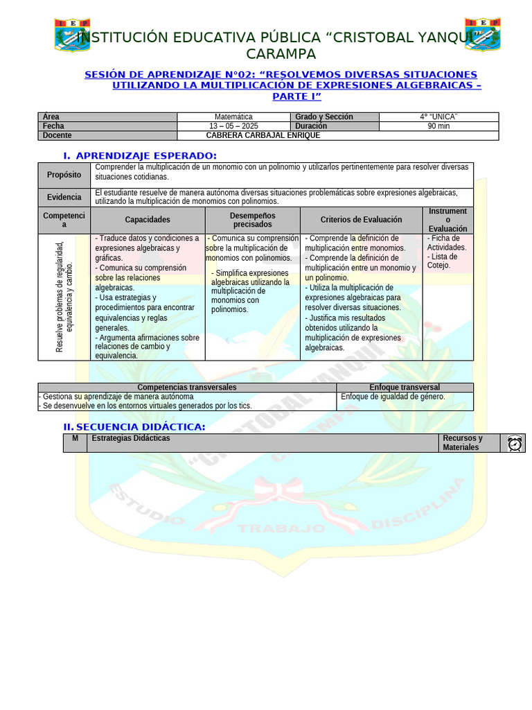 4°-Sesion 2-Ua2 - 2025 | PDF | Multiplicación | Aprendizaje