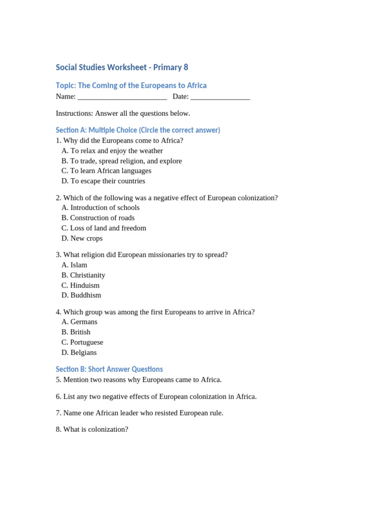 Primary8 Europeans To Africa Worksheet | PDF