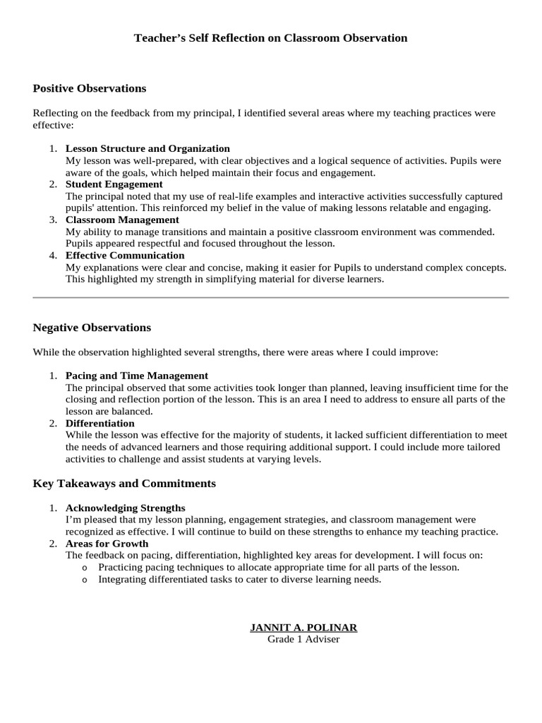 Teachers Self Reflection | PDF | Classroom Management | Teachers