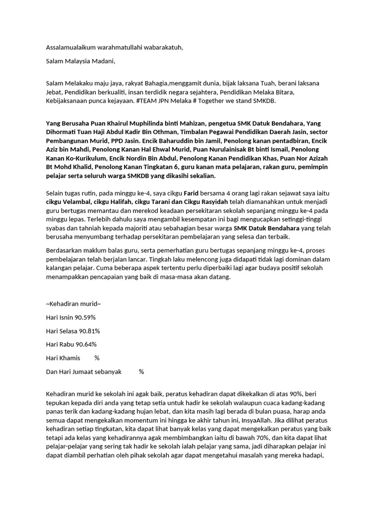 Laporan Mingguan SMK Datuk Bendahara | PDF