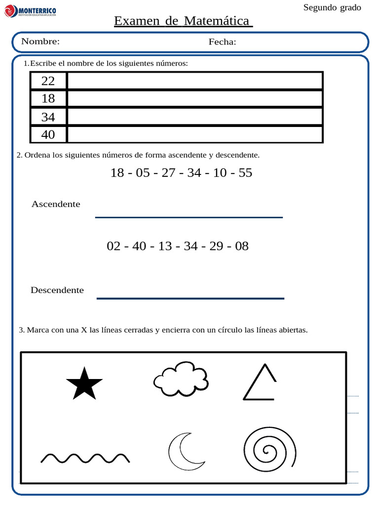 Examen de Matematica - Segundo Grado | PDF