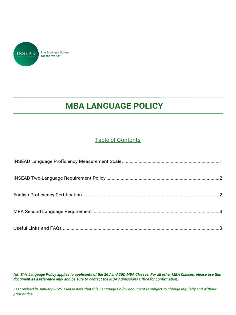 Insead Mba 26J 26D Language Policy | PDF