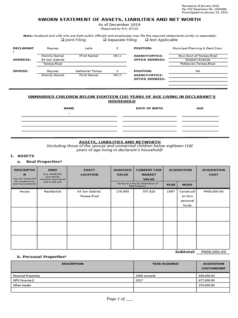 SALN Latest | PDF | Net Worth | Financial Accounting