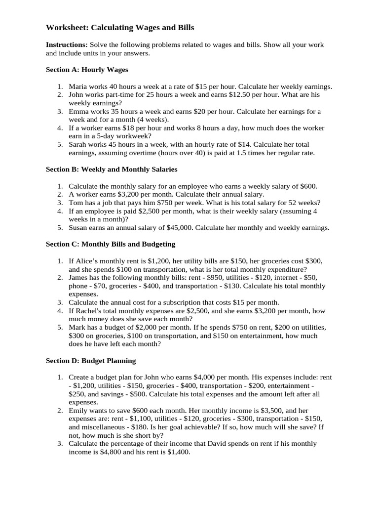 Calculating Wages and Bills | PDF | Salary | Overtime