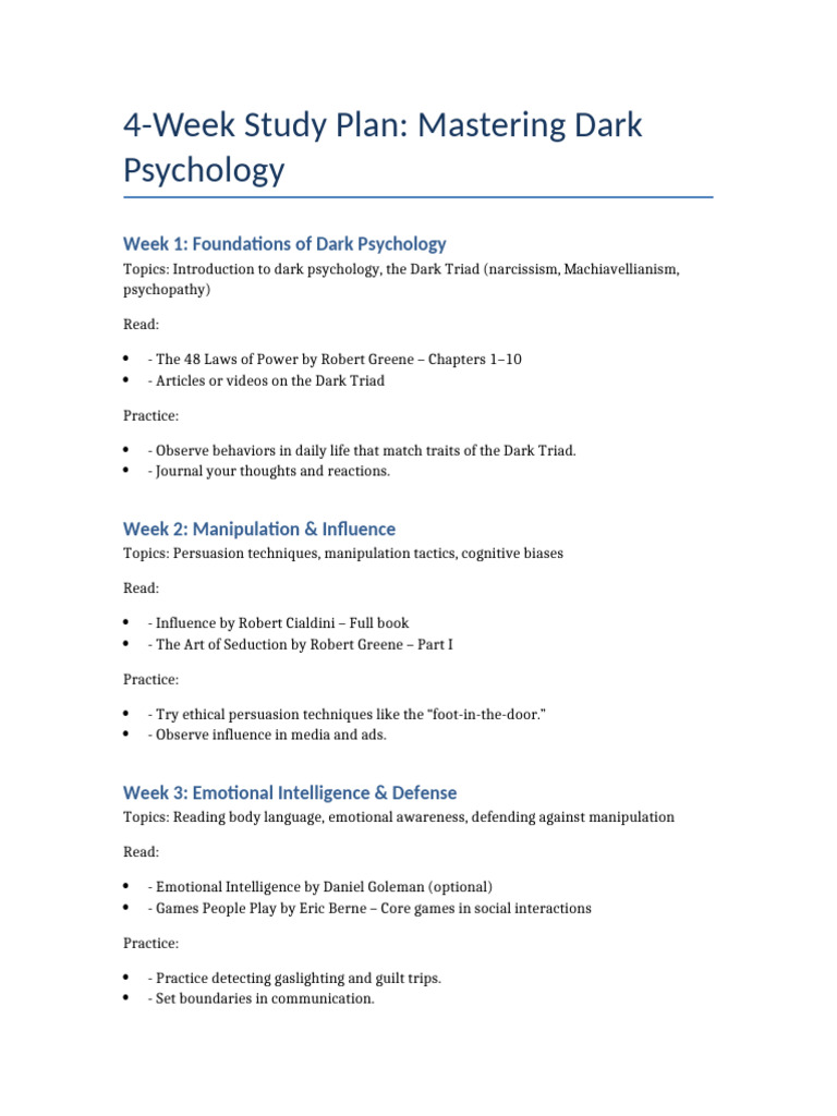 4-Week Dark Psychology Study Plan | PDF