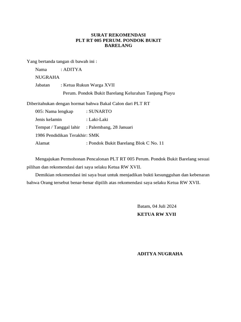 Surat Rekomendasi RT Dan RW | PDF