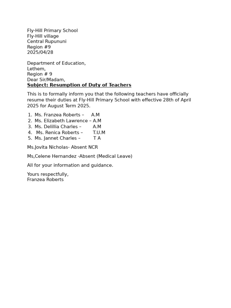 Resumption Letters and Attendance 28th April, 2025 | PDF