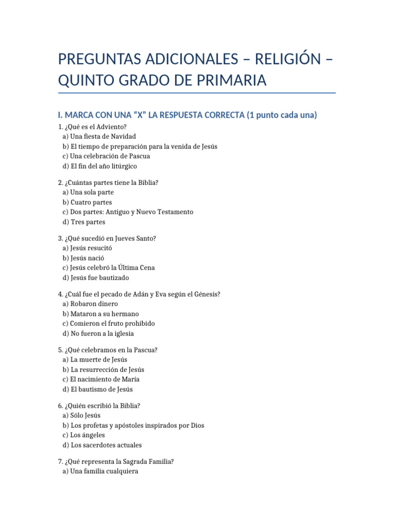 Preguntas Adicionales Religion Quinto Grado | PDF