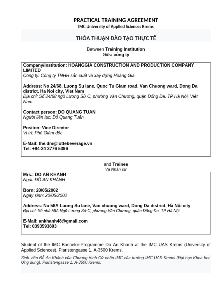 Thỏa Thuận Đào Tạo Thực Tế: Practical Training Agreement | PDF