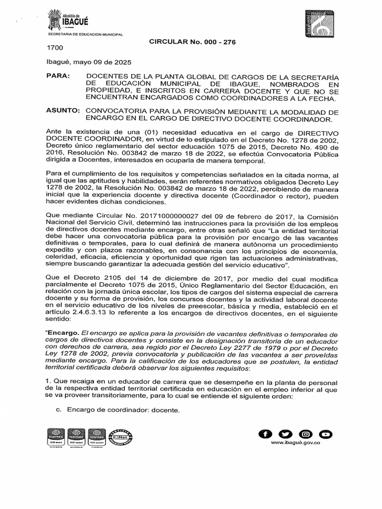 Circular 276 Convocatoria para La Provisión Mediante La Modalidad de Encargo en El Cargo de ...