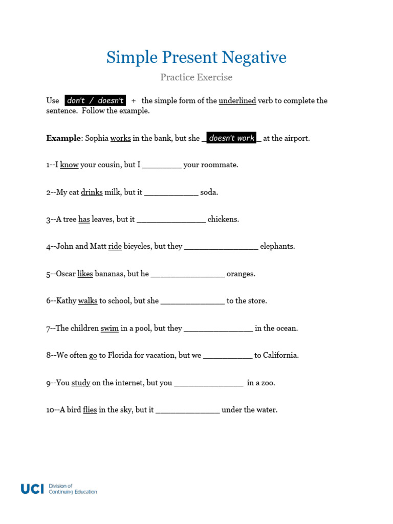 C1M3L3 - Simple Present Negative Practice Exercise | PDF