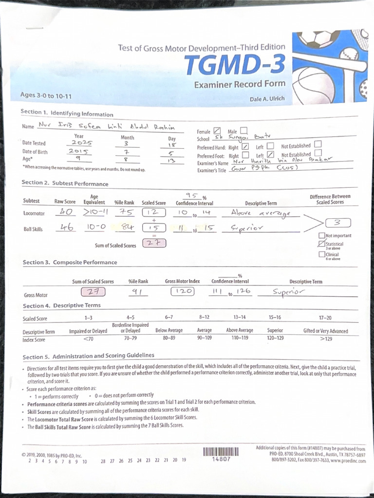 Test of Gross Motor Development-Third Edition | PDF