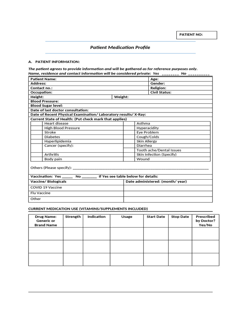 Patient Medication Profile Form | PDF | Cough | Dietary Supplements