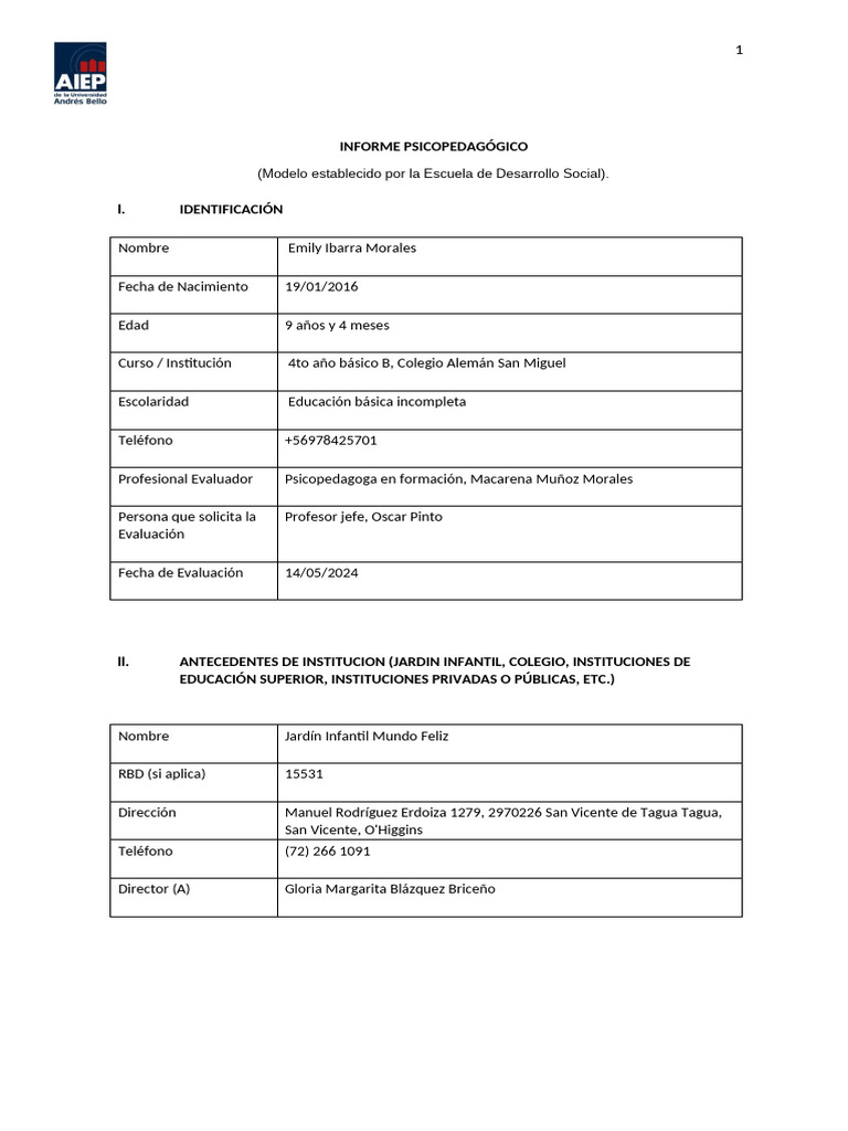 Formato Informe Psicopedagógico Aiep 2024 | PDF | Metacognición | Autoestima