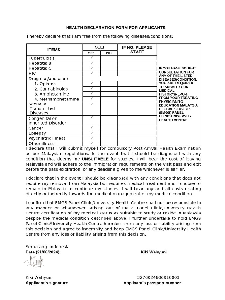 Lampiran B - Health Declaration Form For Applicant | PDF | Substance Abuse | Health Sciences
