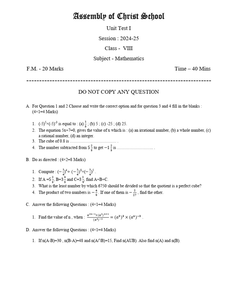 Class VIII Unit Test 1 Question Paper 24-25 PDF | PDF