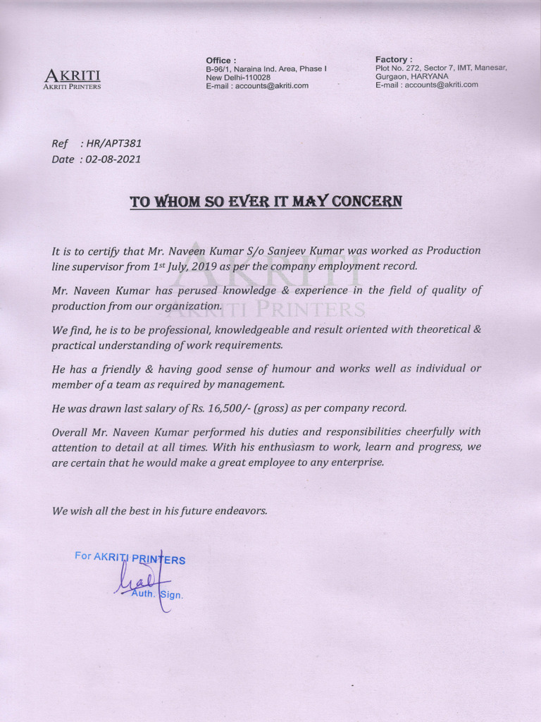 Experiane Letter - Naveen | PDF