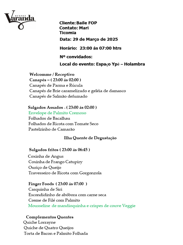 Menu de Salgados para Baile FOP | PDF
