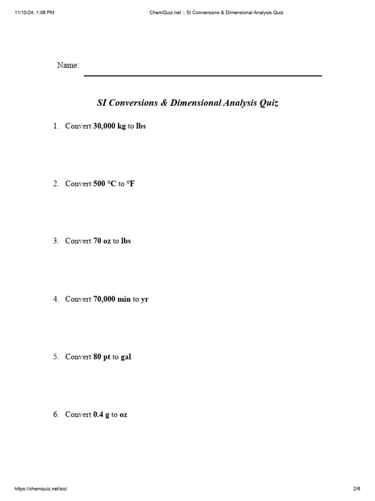 SI Conversions & Dimensional Analysis Quiz: Name | PDF