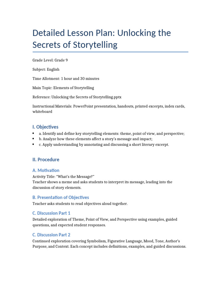 Unlocking The Secrets of Storytelling LessonPlan | PDF