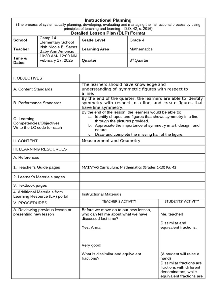 Detailed Lesson Plan MATH 1 (1) | PDF | Symmetry | Learning