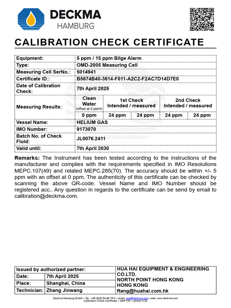 4.10a1 OWS 15ppm Calibration Certificate1 | PDF