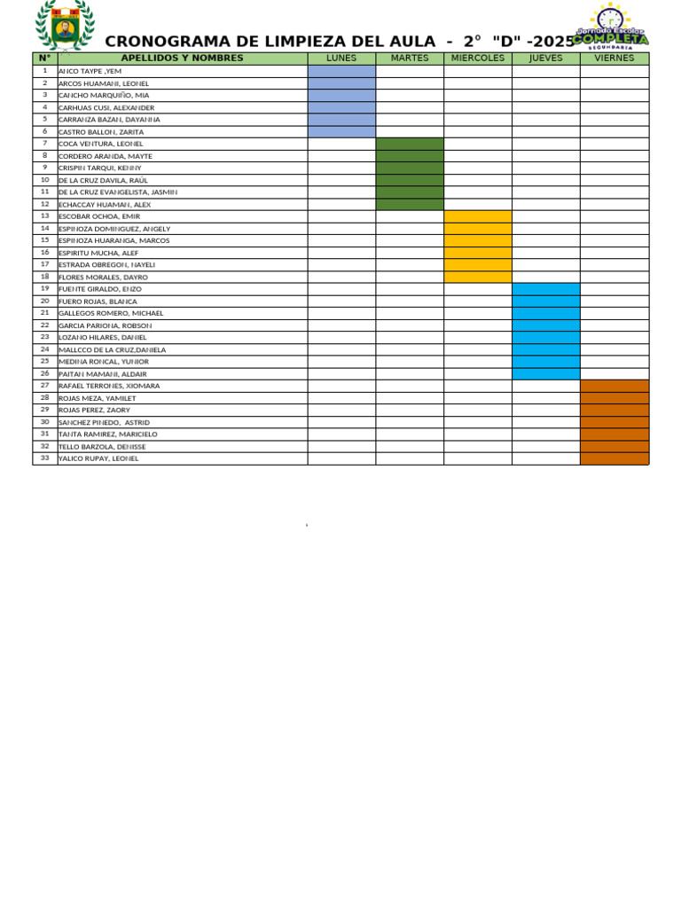 Cronograma de Limpieza Del Aula Del 4° C | PDF