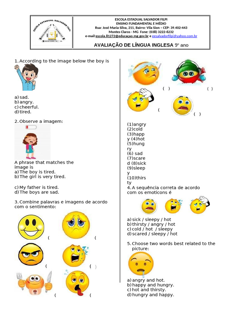 ATIVIDADE- ADJETIVOS DE EMOTICONS | PDF