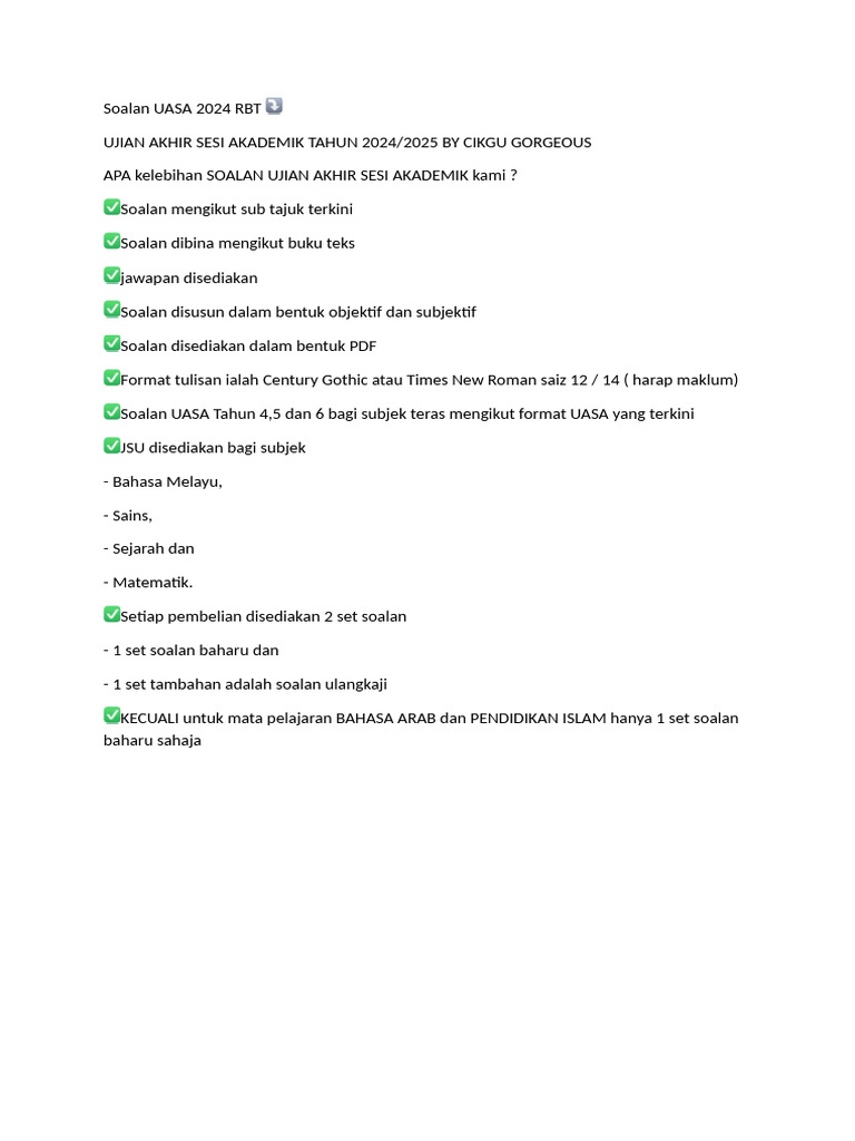 Soalan UASA 2024 RBT | PDF