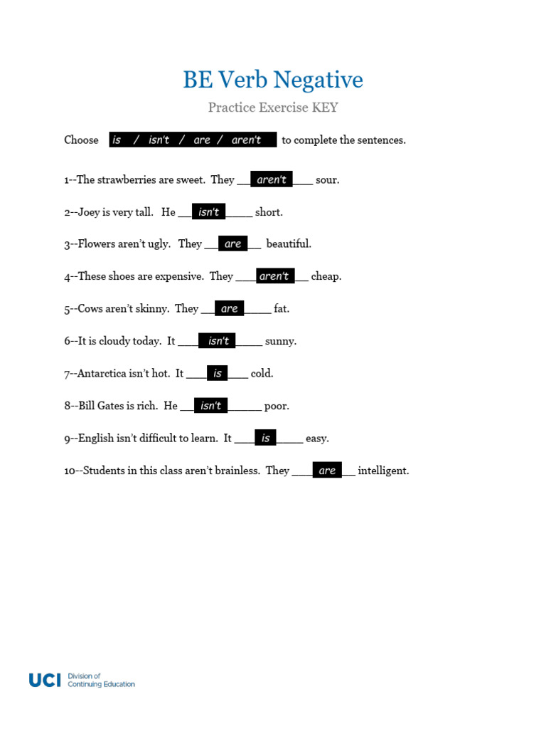 C1M3L1 - KEY - BE Verb Negative Practice Exercise KEY | PDF