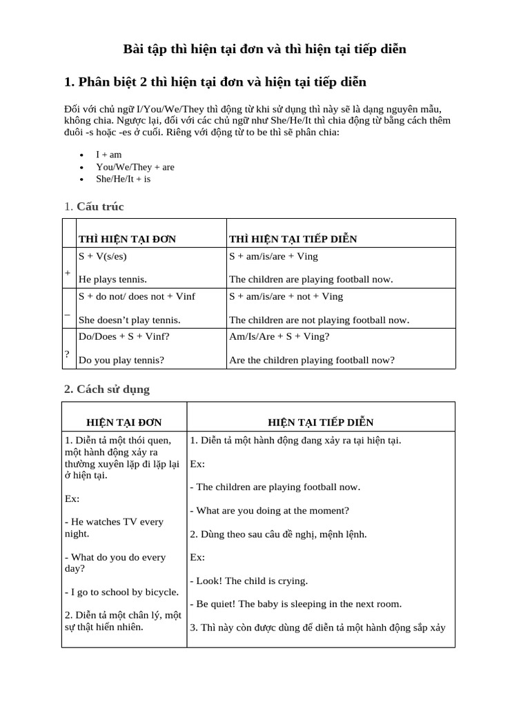 Bai Tap Hien Tai Don Va Thi Hien Tai Tiep Dien | PDF