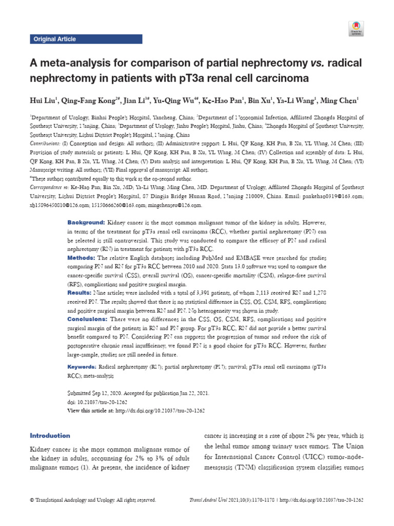 Comparison of partial nephrectomy vs radical nephrectomy in patients with pT3a renal cell ...