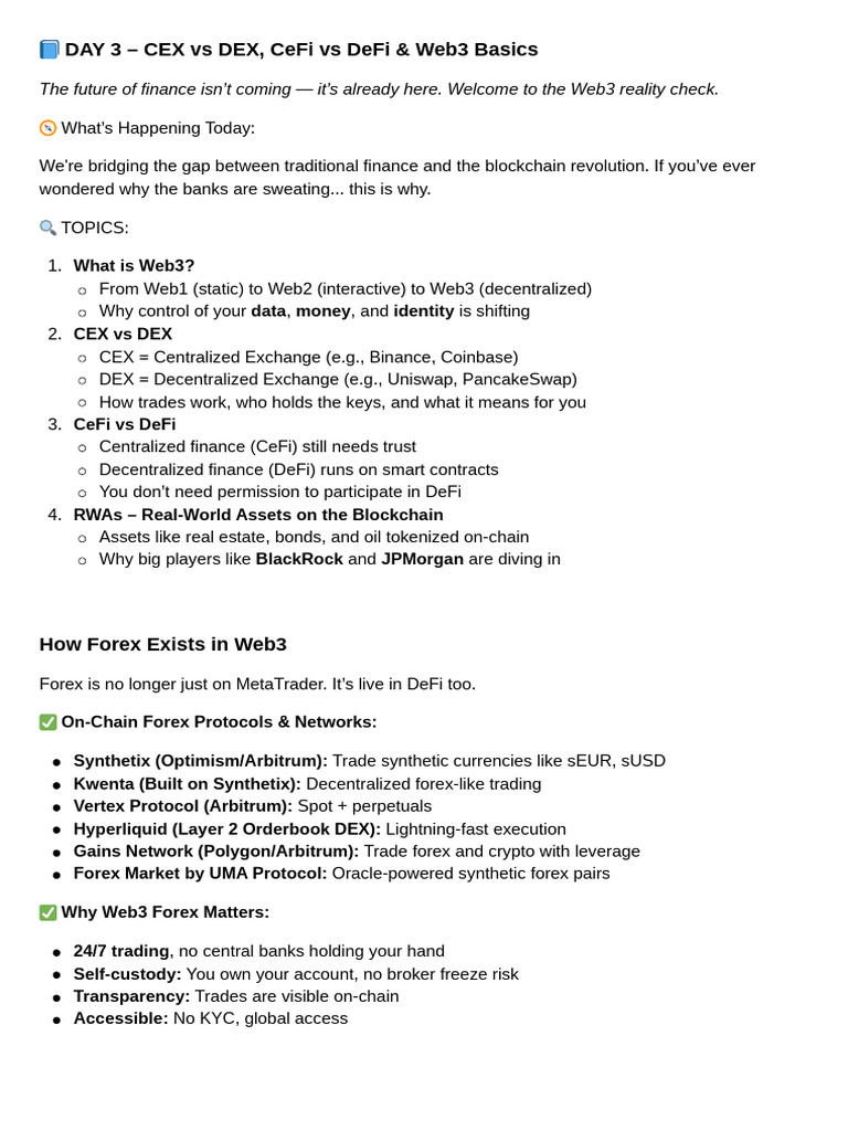 ? DAY 3 – CEX vs DEX, CeFi vs DeFi & Web3 Basics | PDF | Market (Economics) | Service Industries