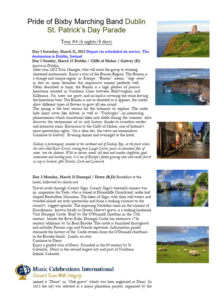 Tour Itinerary IRELAND 6 Nights Pride of Bixby Marching Band 2 1 22 ...