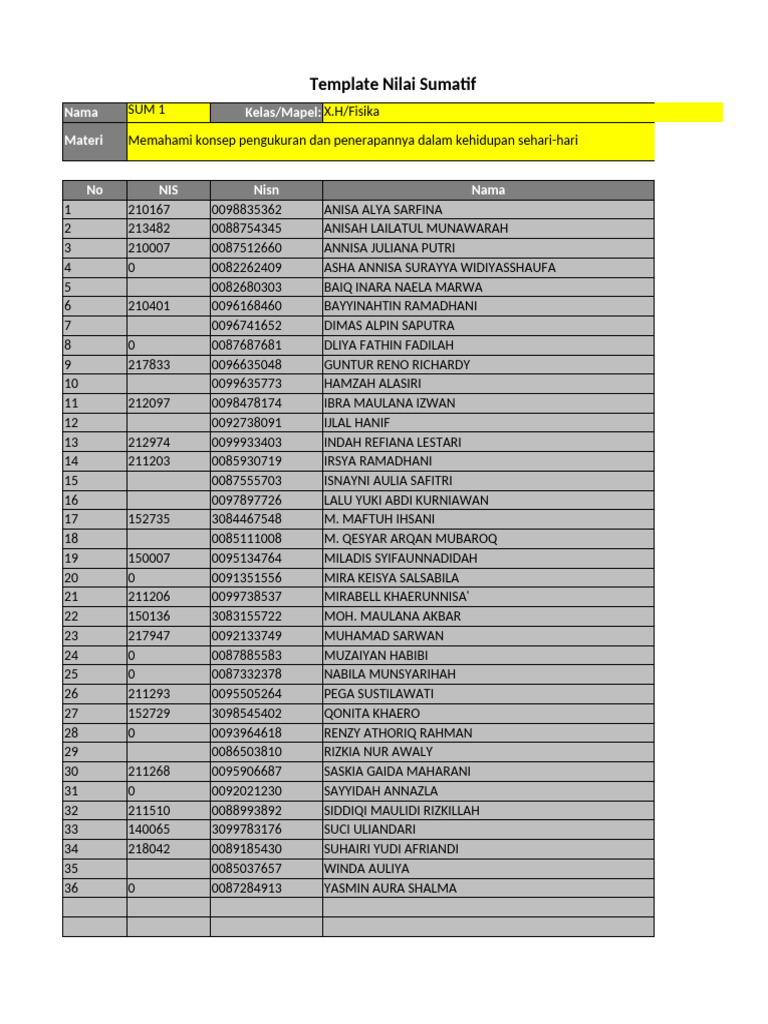 Template Nilai Sumatif-X.H-Fisika | PDF