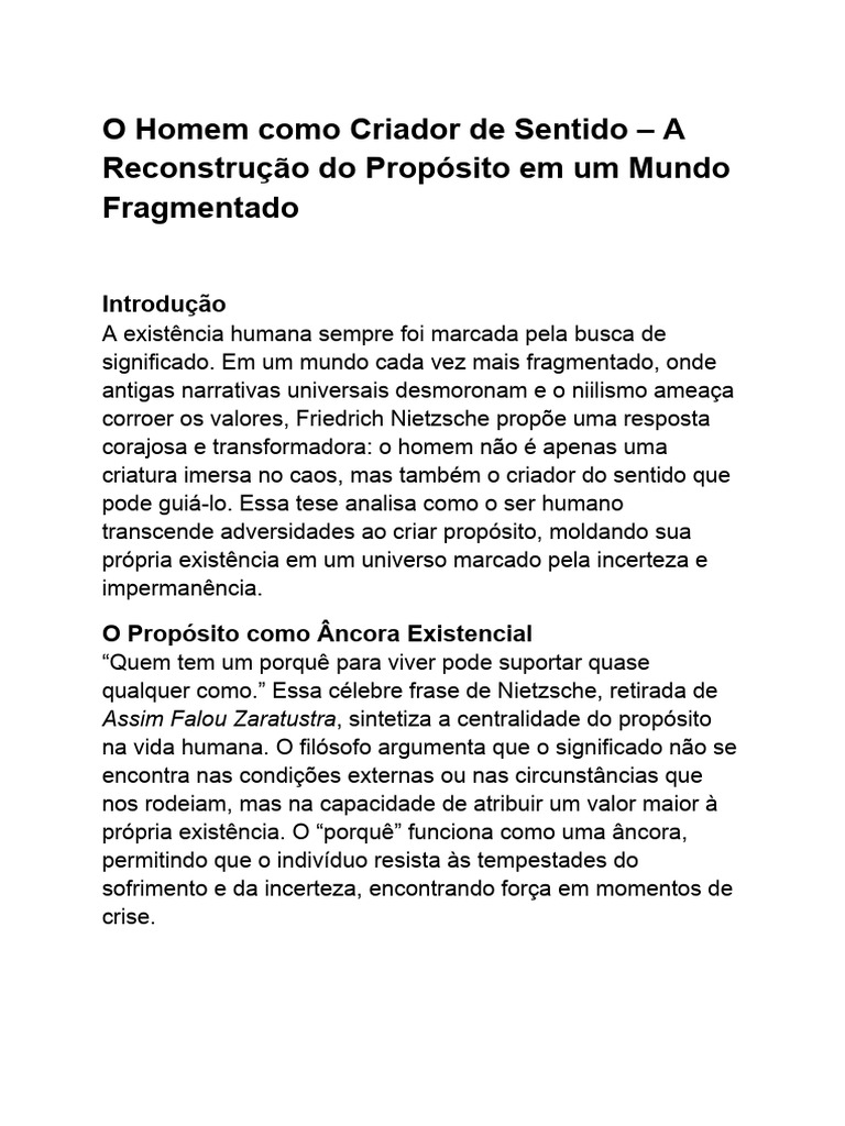 O Homem Como Criador de Sentido - A Reconstrução Do Propósito em Um ...