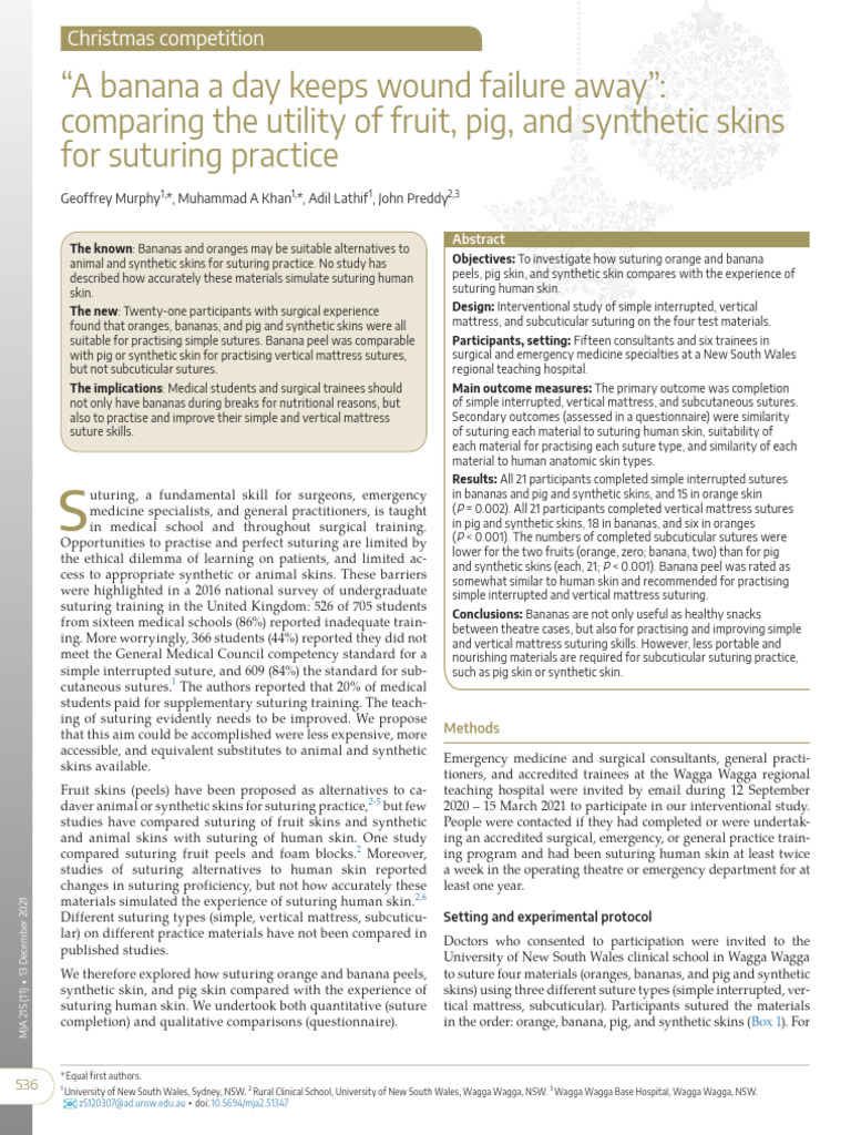 Suturing Skills: Bananas vs. Pig Skin | PDF | Surgical Suture | Medicine