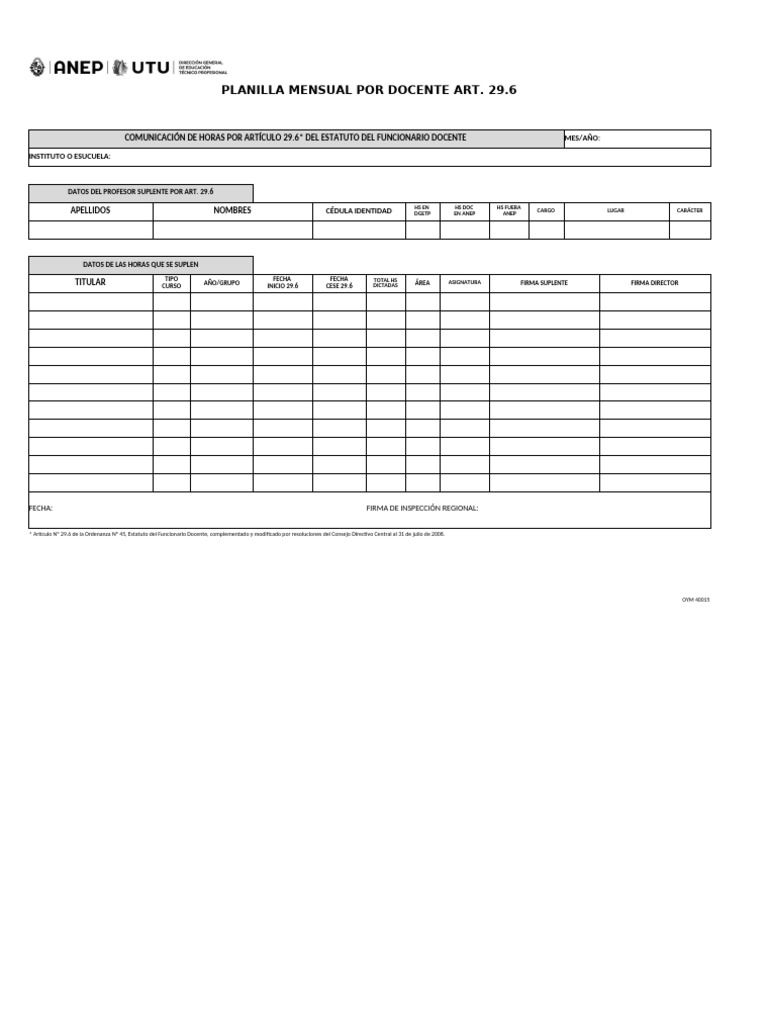 Planilla Mensual Por Docente Art 29.6 Efd - 1 | PDF