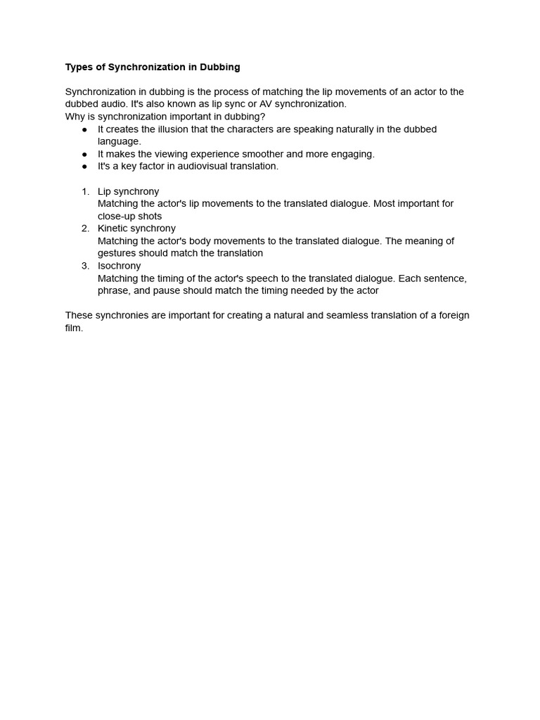 Types of Syncronization in Dubbing | PDF