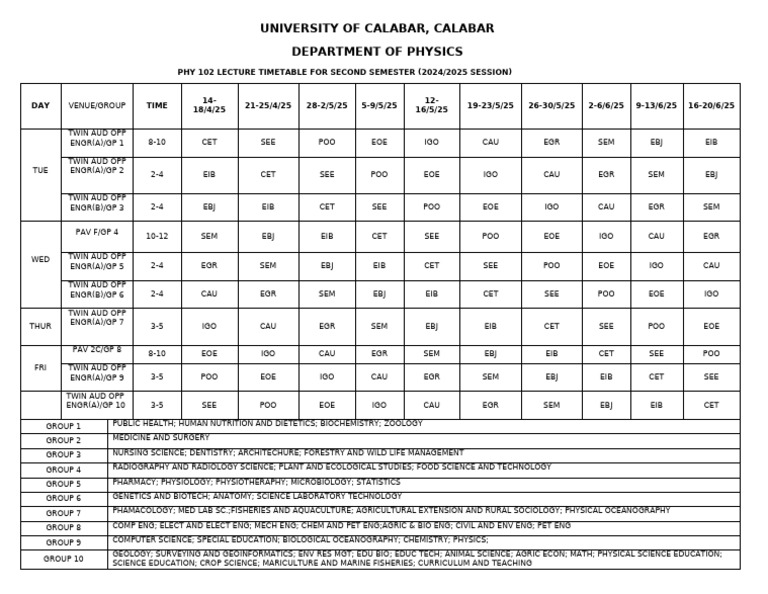 Phy 102 Lecture Timetable - Students | PDF | Biology | Science