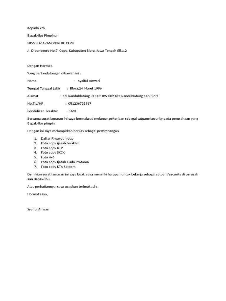 SURAT LAMARAN SYAIFUL ANWARI Bri | PDF