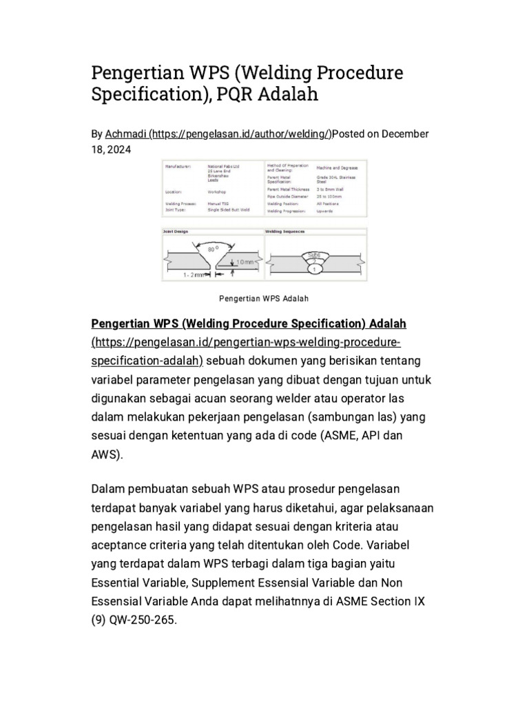 Pengertian WPS (Welding Procedure Specification), PQR Adalah | PDF