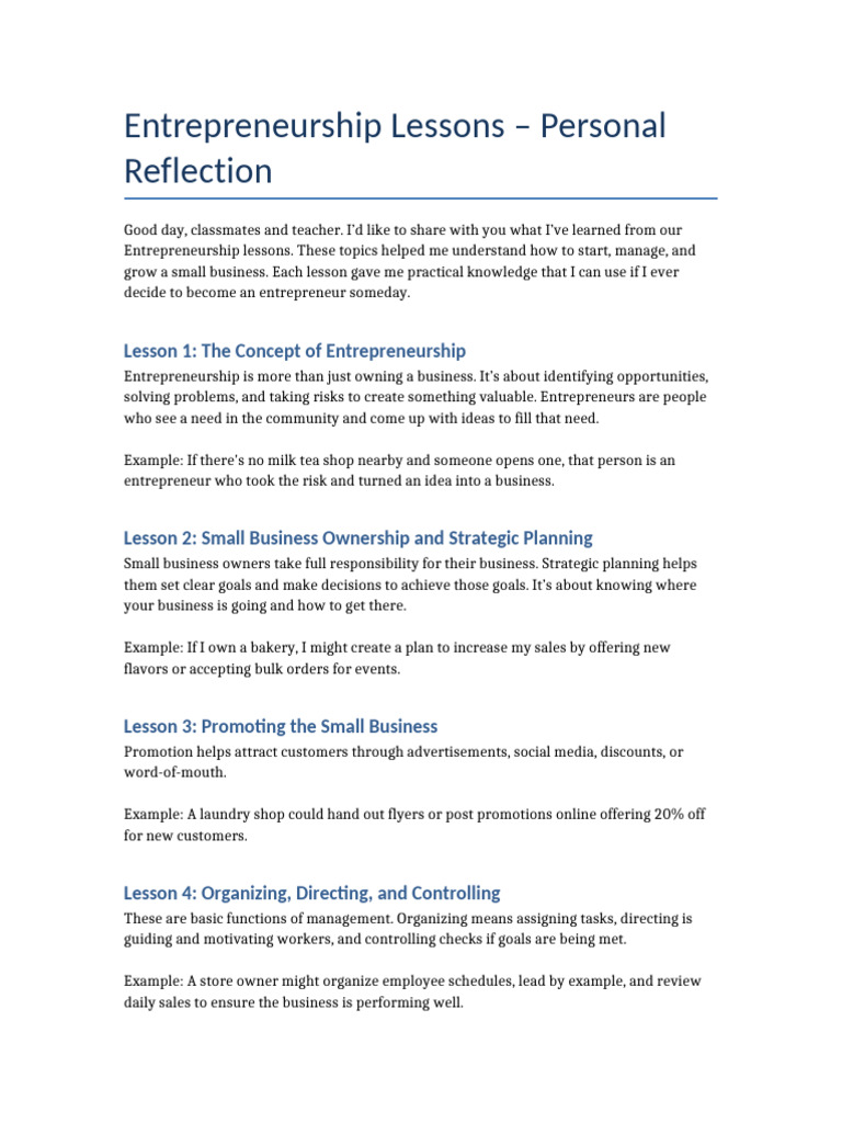 Entrepreneurship Lessons Reflection | PDF | Entrepreneurship | Marketing