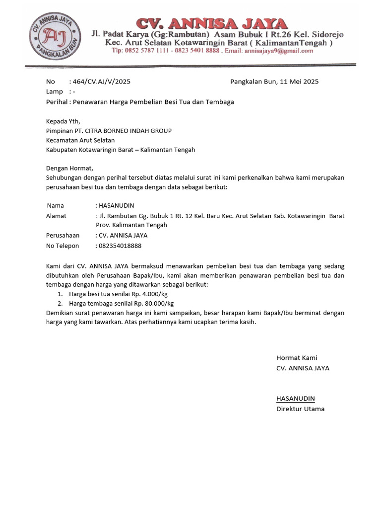 Surat Penawaran Besi Tua PT Cbi TH 2025 | PDF