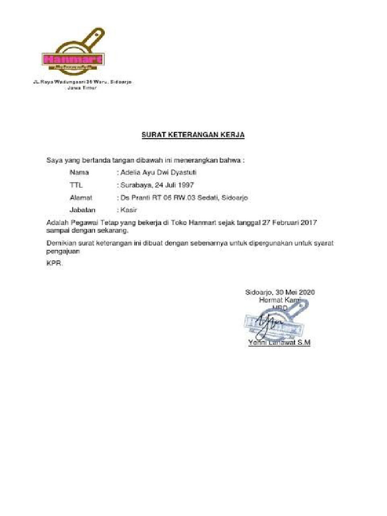 Surat Keterangan Hanmart | PDF
