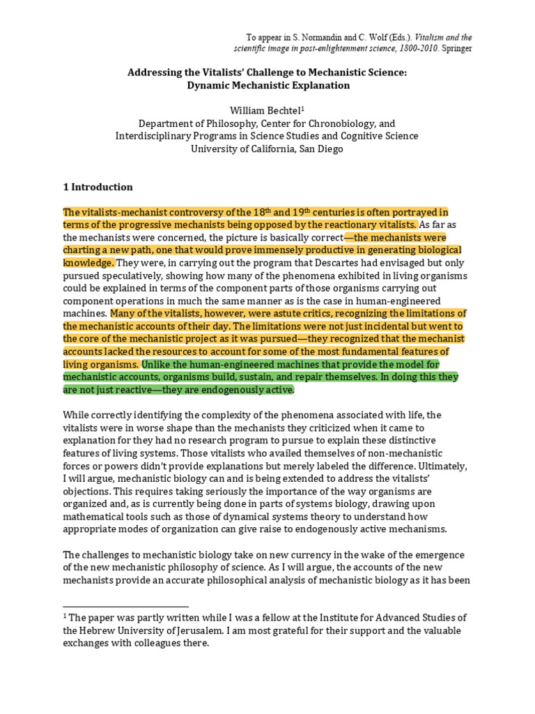 Bechtel - Dynamic Mechanistic Explanation-Addressing Vitalism | PDF ...