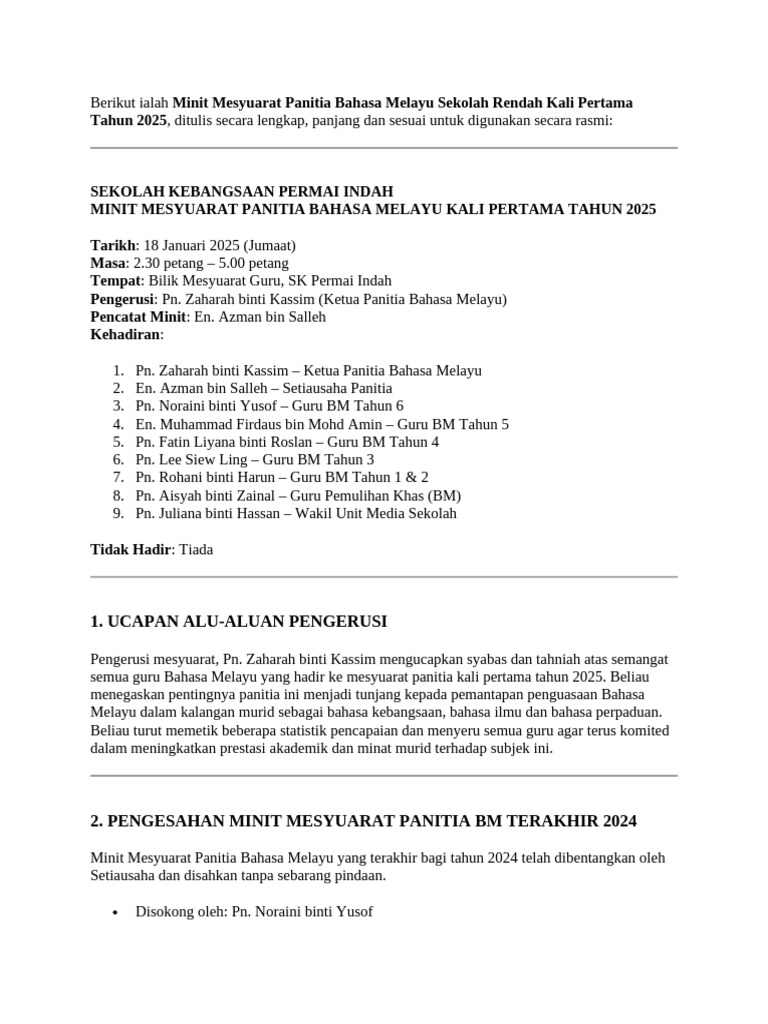 Berikut Ialah Minit Mesyuarat Panitia Bahasa Melayu Sekolah Rendah Kali Pertama Tahun 2025 | PDF