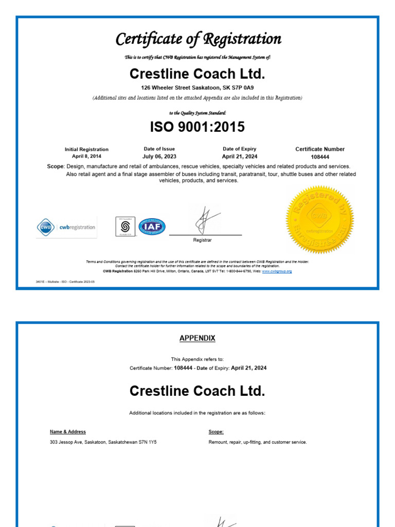 Crestline Bus Dealership ISO9001 2015 QMS Certificate 202310 | PDF ...