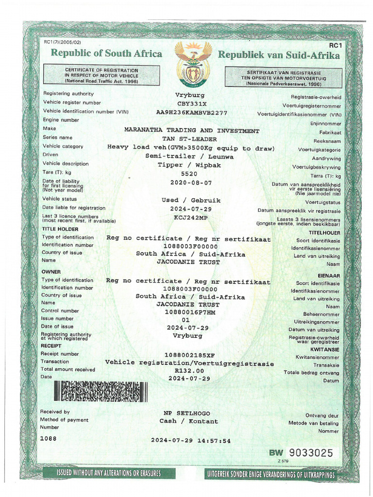 Leader Trailer Registration Certificate - LCF 071 NW | PDF
